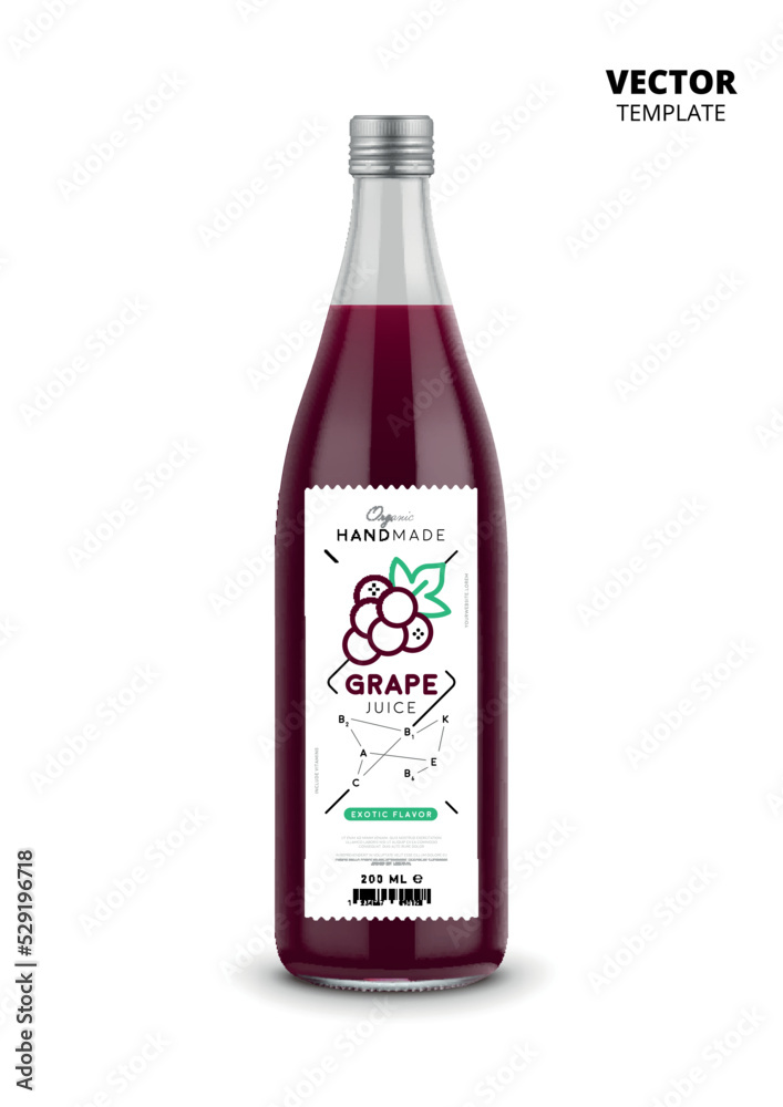Grape juice realistic glass bottle with label. Healthy organic product ...