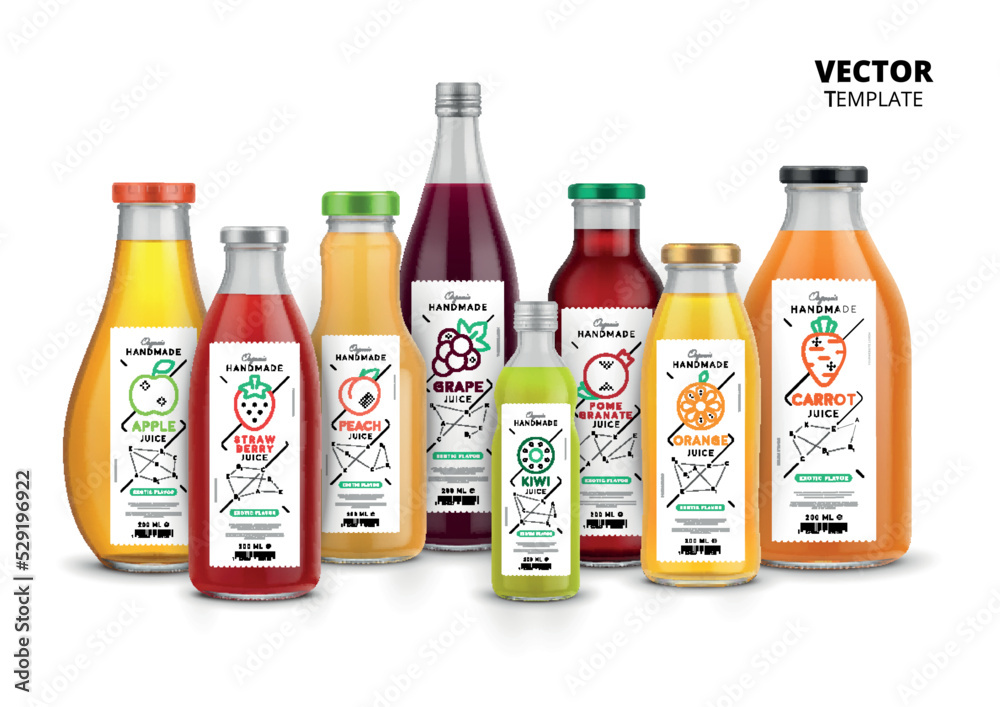Fresh juice realistic glass canned bottle set. Healthy organic product ...