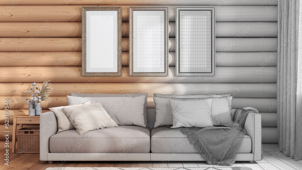 Architect interior designer concept: hand-drawn draft unfinished ...