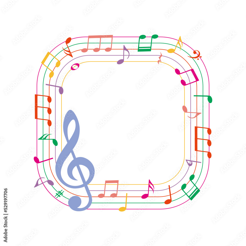 Colorful music notes, musical square frame with round angles, vector ...