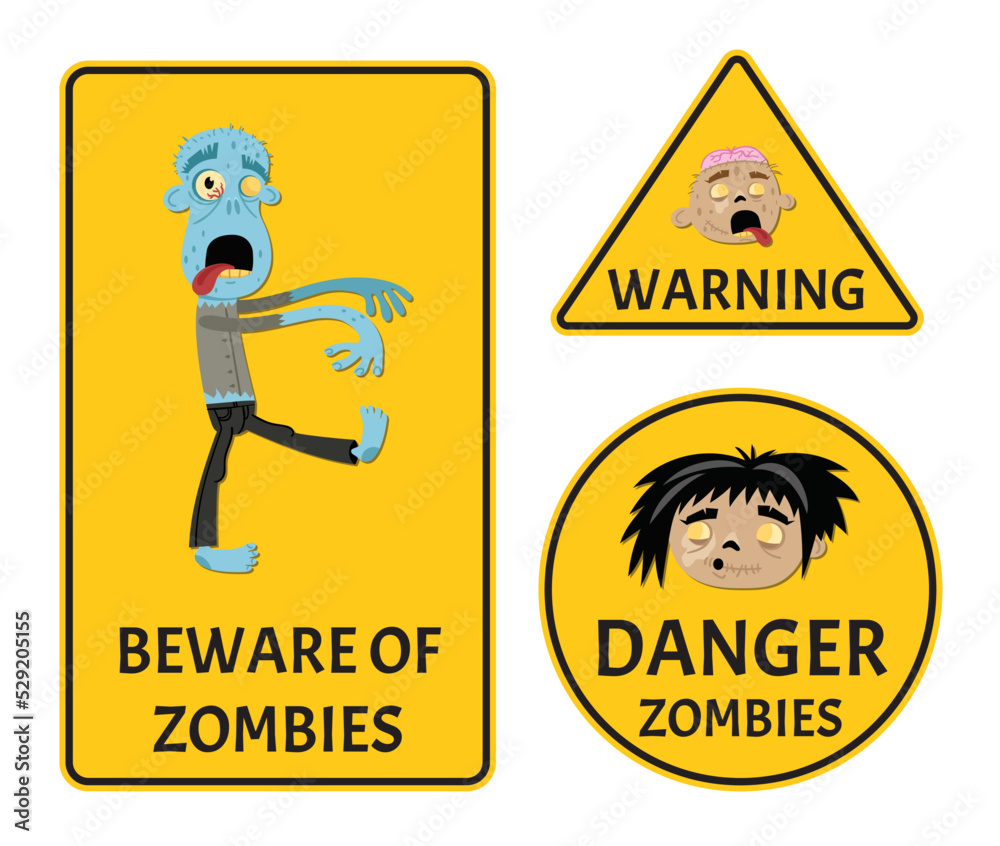 Beware of zombies warning stickers set for halloween party. Holiday ...