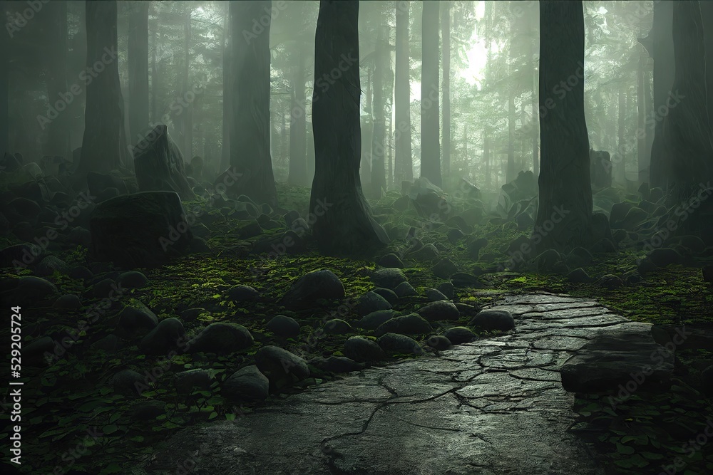 Beautiful mystical forest in blue fog in autumn. Colorful landscape ...