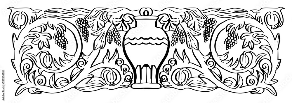Symmetrical pattern with amphora, floral motifs, grapes and pomegranate ...