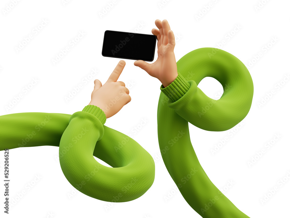 3d render, cartoon flexible hands in green sweater hold smart phone ...