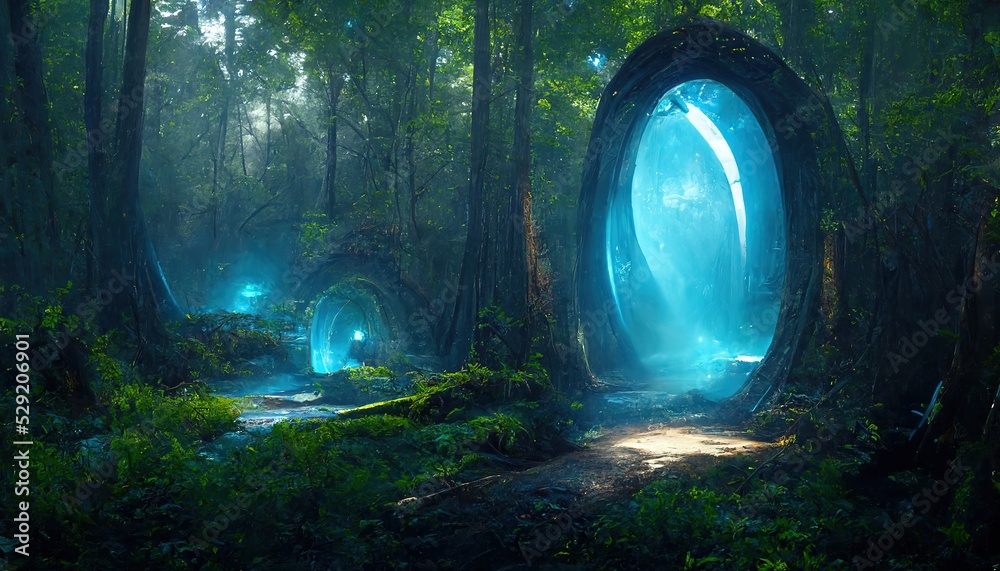 Raster illustration of portal in a beautiful fairy forest, with magical ...