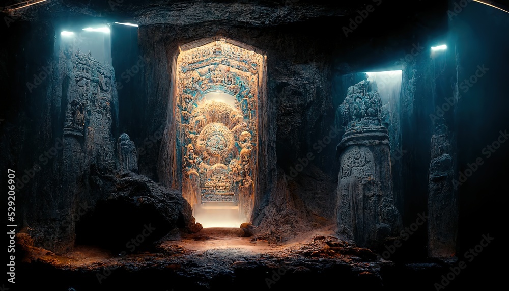 ภาพประกอบสต็อก Raster illustration of lost relics in ancient ruins in a ...