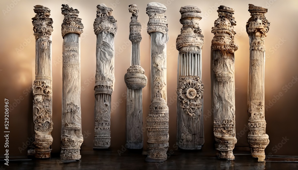 Raster illustration of old ruined pillars with Greek gods. Altar ...
