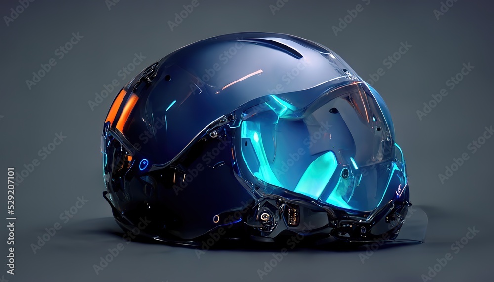Raster illustration of VR helmet. Neon glow, science fiction, ar glass ...