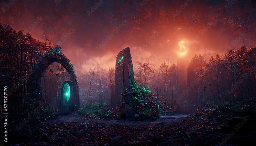 Raster illustration of magic portal in spooky empty dark scary forest ...