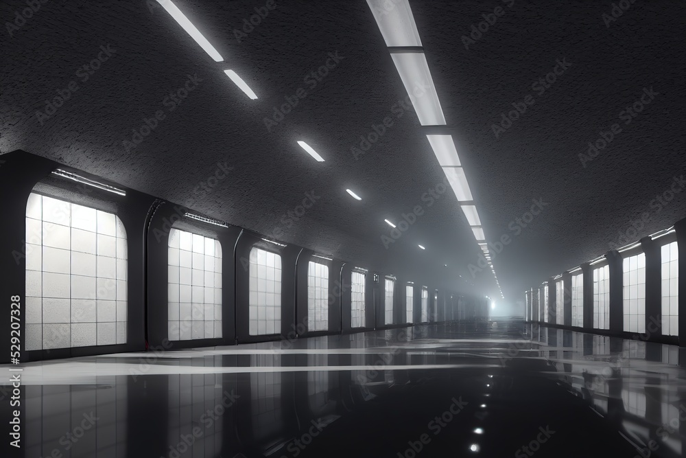 Raster illustration of large hallway with tiled floor with grey and darklighting. Endless room ...