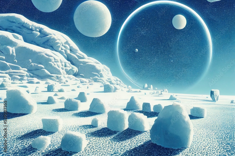 Raster illustration of frozen snowy planet. winter time, cold, frost ...