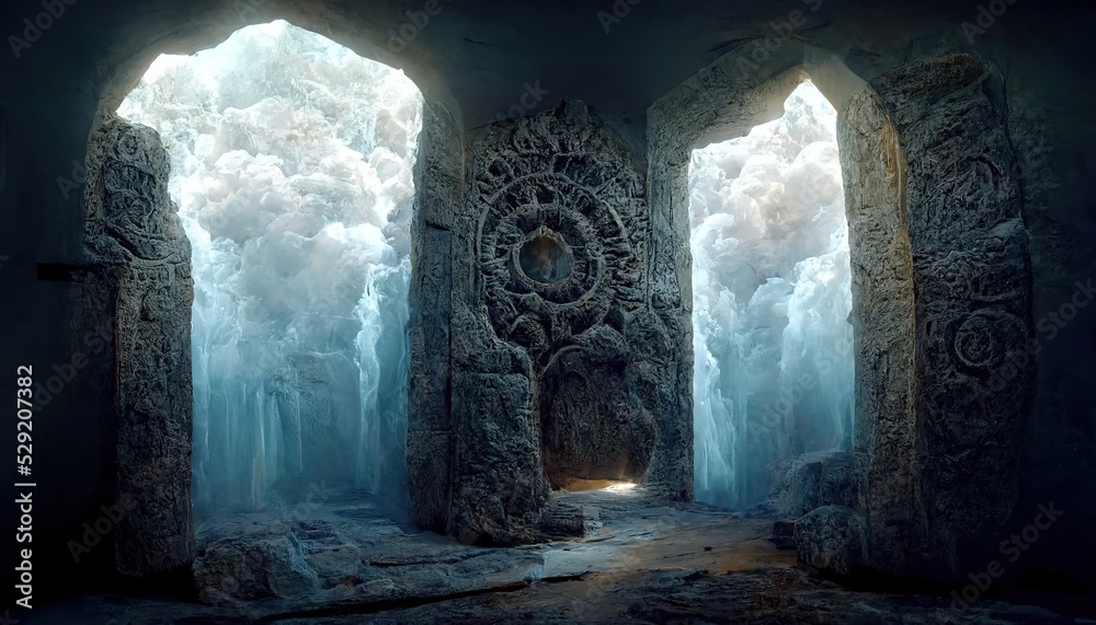 Raster illustration of lost relics portal in ancient ruins in a deep ...