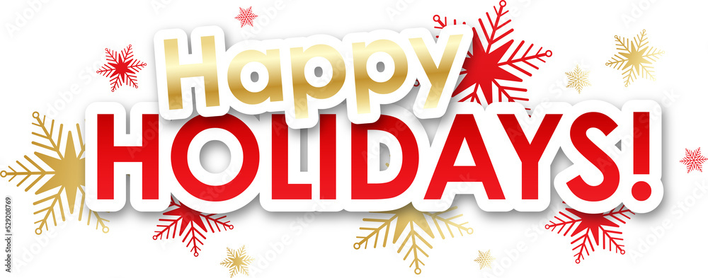 Red and metallic gold HAPPY HOLIDAYS typography banner with snowflakes ...