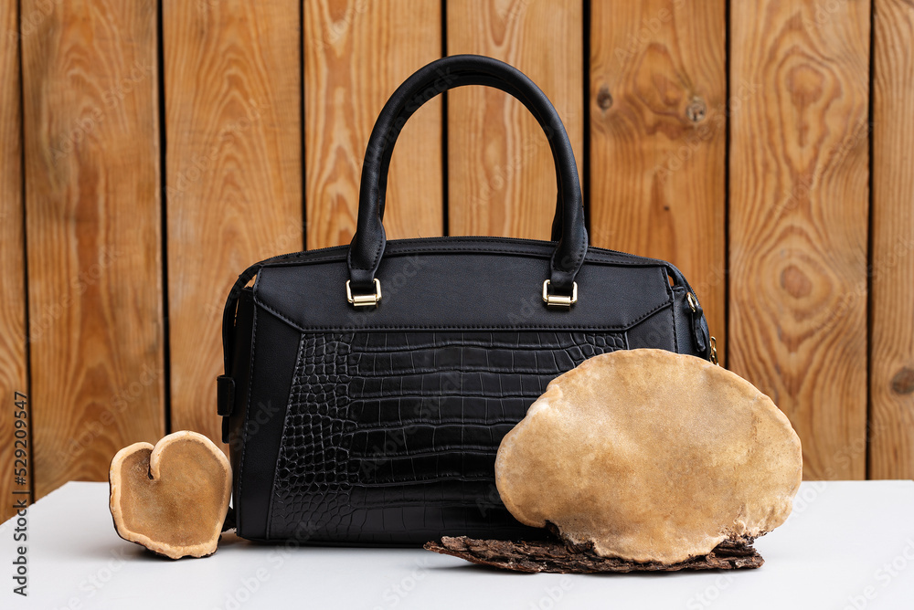Concept of Mushroom leather - woman handbag and brown tree mushrooms ...