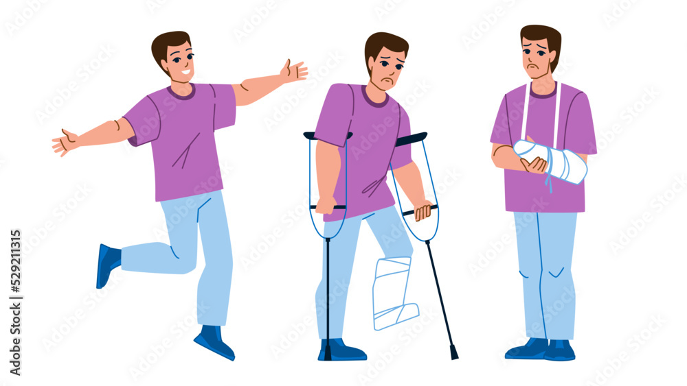 fracture man vector. leg hand broken, accident plaster, cast home ...