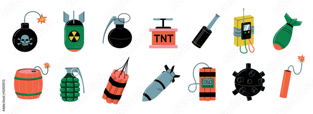 Bomb collection. Cartoon TNT explosive weapon, bombs dynamite grenade ...
