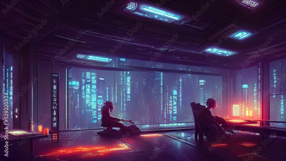 Futuristic and sci-fi dark room interior design with neon light in ...