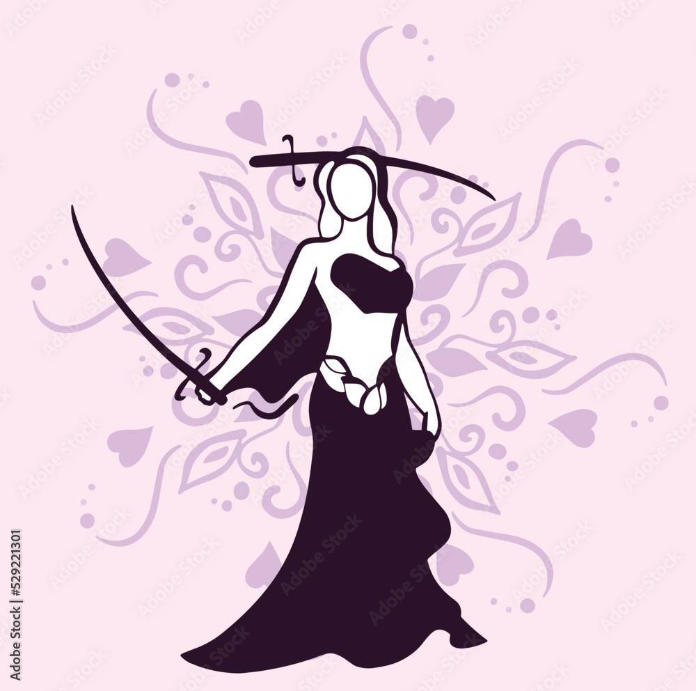 Vecteur Stock Beautiful young woman dancing bellydance. Swords, Double ...