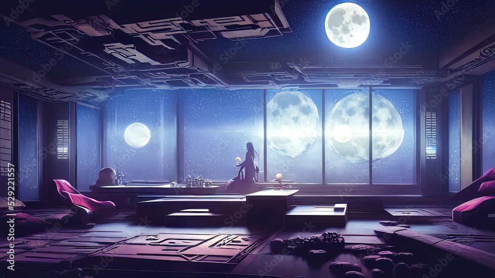 Futuristic and sci-fi dark room interior design with neon light in ...