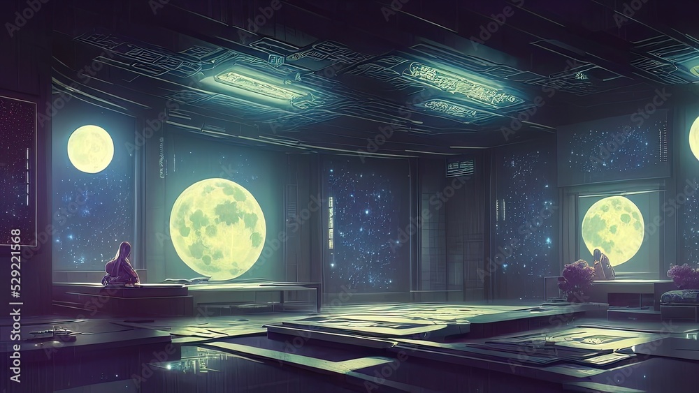 Futuristic and sci-fi dark room interior design with neon light in ...