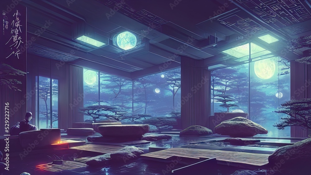 Futuristic and sci-fi dark room interior design with neon light in ...