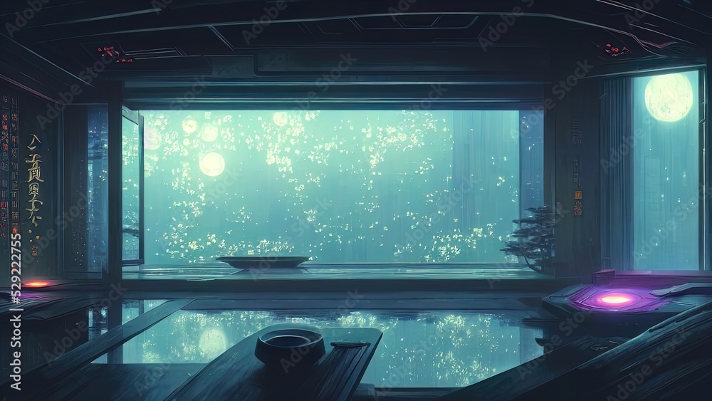 Futuristic and sci-fi dark room interior design with neon light in ...