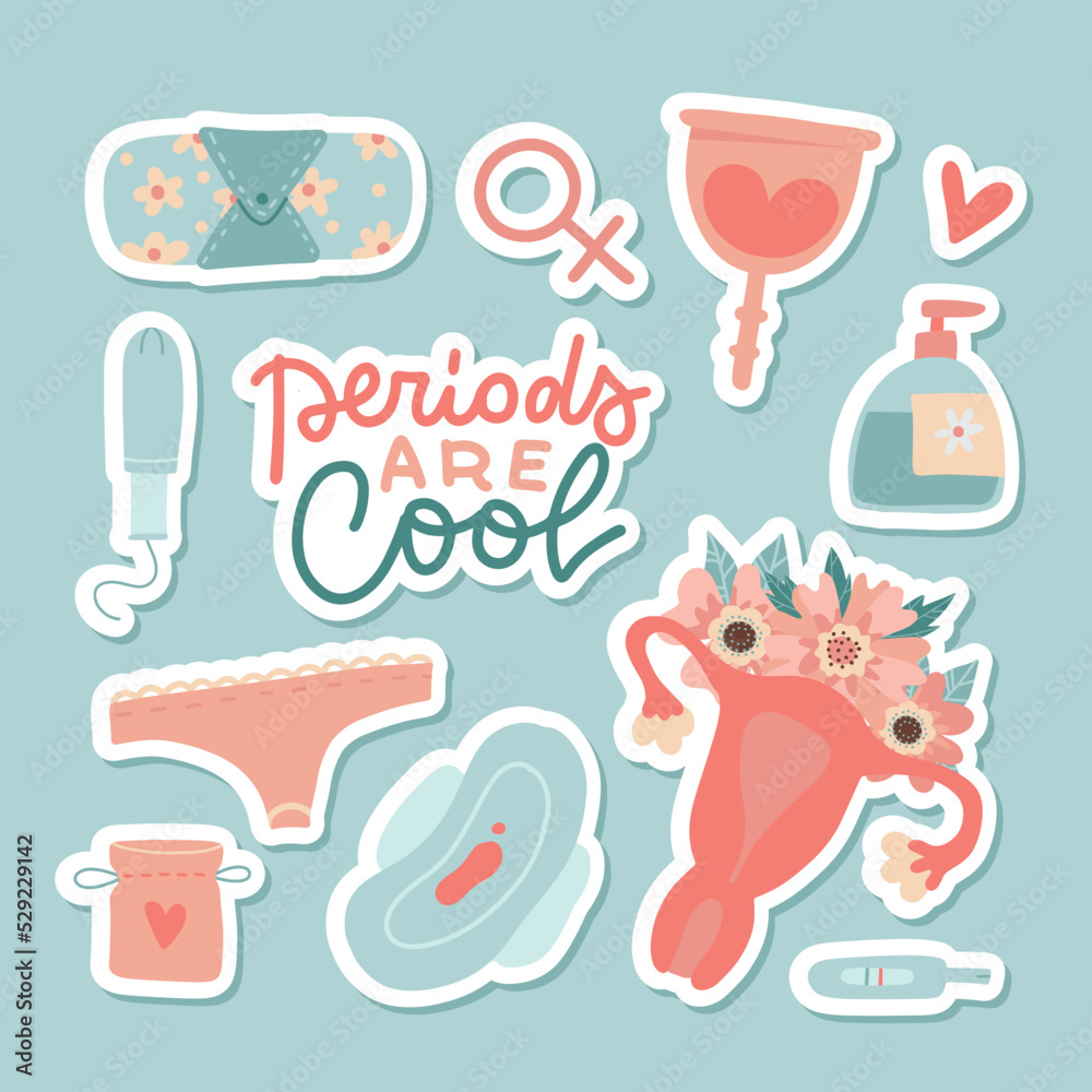 Sticker set of menstruation, period elements, uterus. Collection of ...