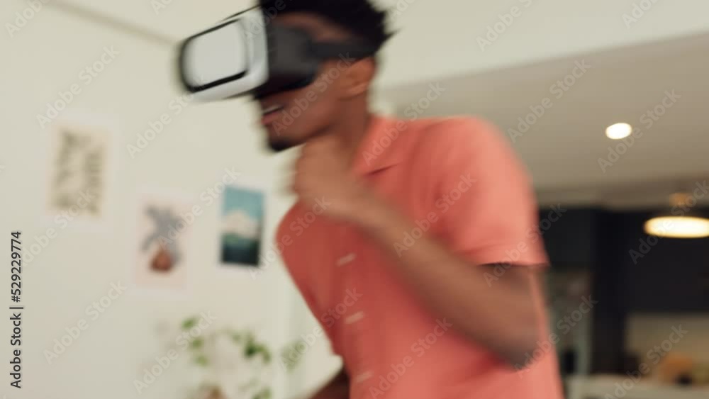 Metaverse, vr and gaming with black man and boxing with a headset in ...