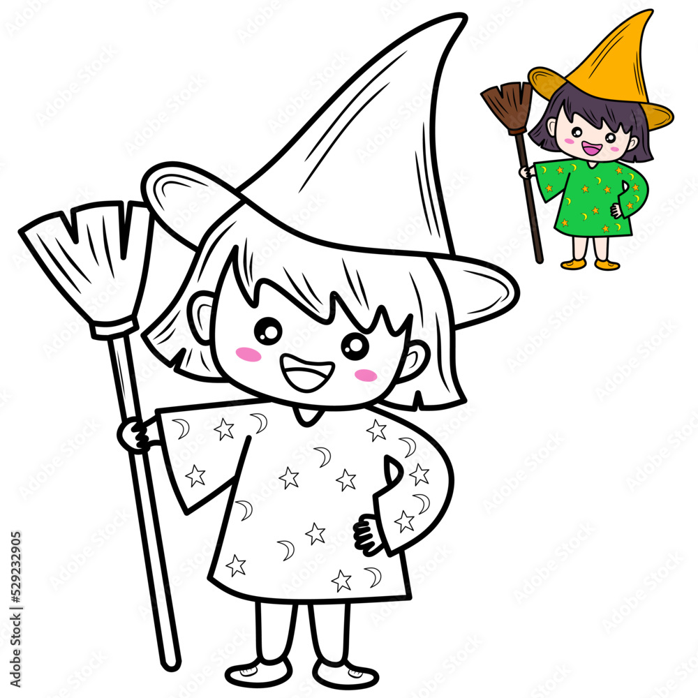 little witch vector drawing for coloring book Stock Vector | Adobe Stock