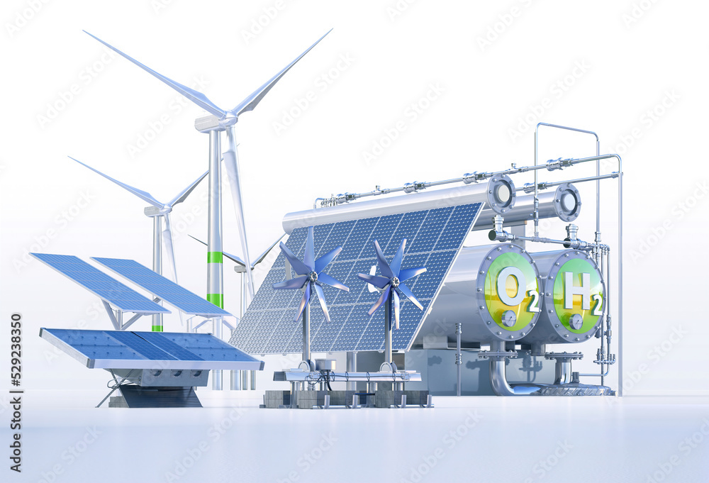 Green Hydrogen, solar panels, windmills: future eco energy, h2 fuel ...