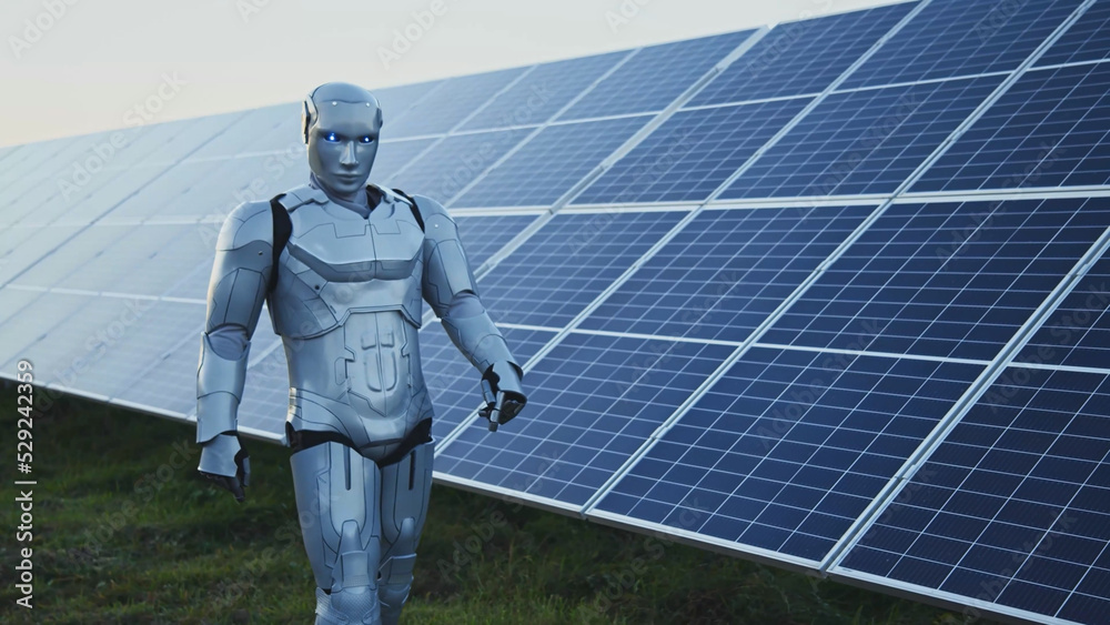 Artificial intelligence. Nano cybernetic robot man walking along modern ...