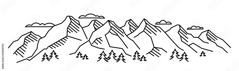Mountain range. Line landscape sketch. Vector illustration. Editable ...