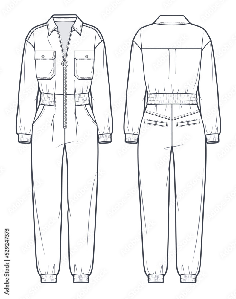 Unisex Dungaree technical fashion Illustration. Zip up Jumpsuit fashion ...