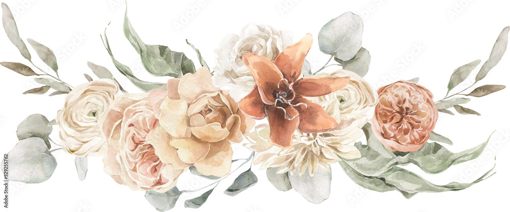 Autumn Garden Boho Floral Watercolor Wedding Bouquet Stock Illustration ...
