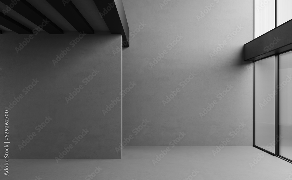 Empty open plan corridor or hallway, concrete wall and oak parquet. Two ...