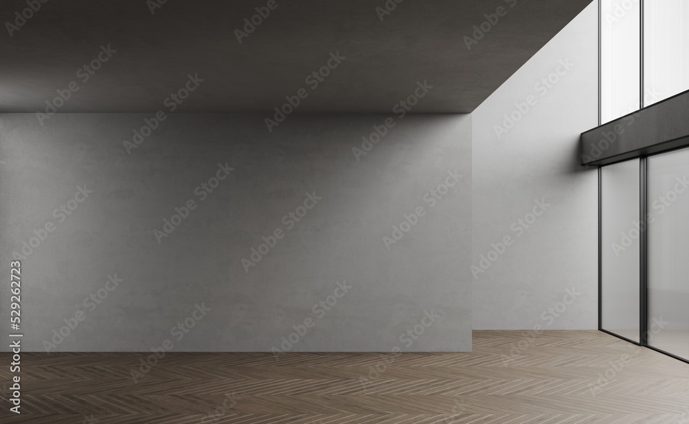Empty open plan corridor or space, concrete wall and oak parquet. Two ...