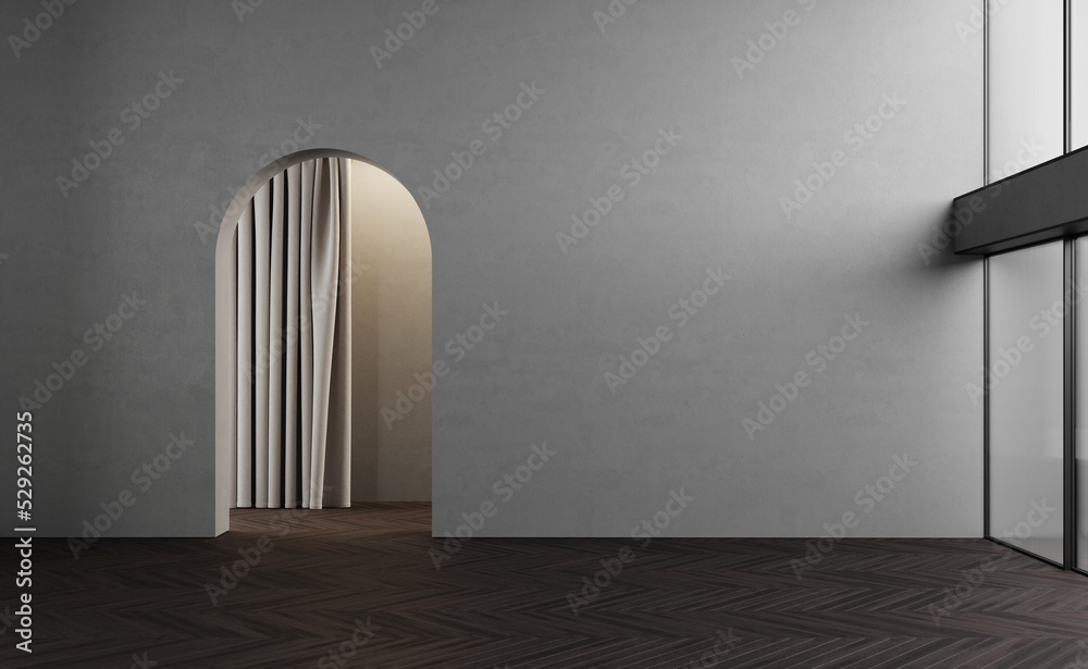 Empty open plan corridor or hallway with arch door wall design ...