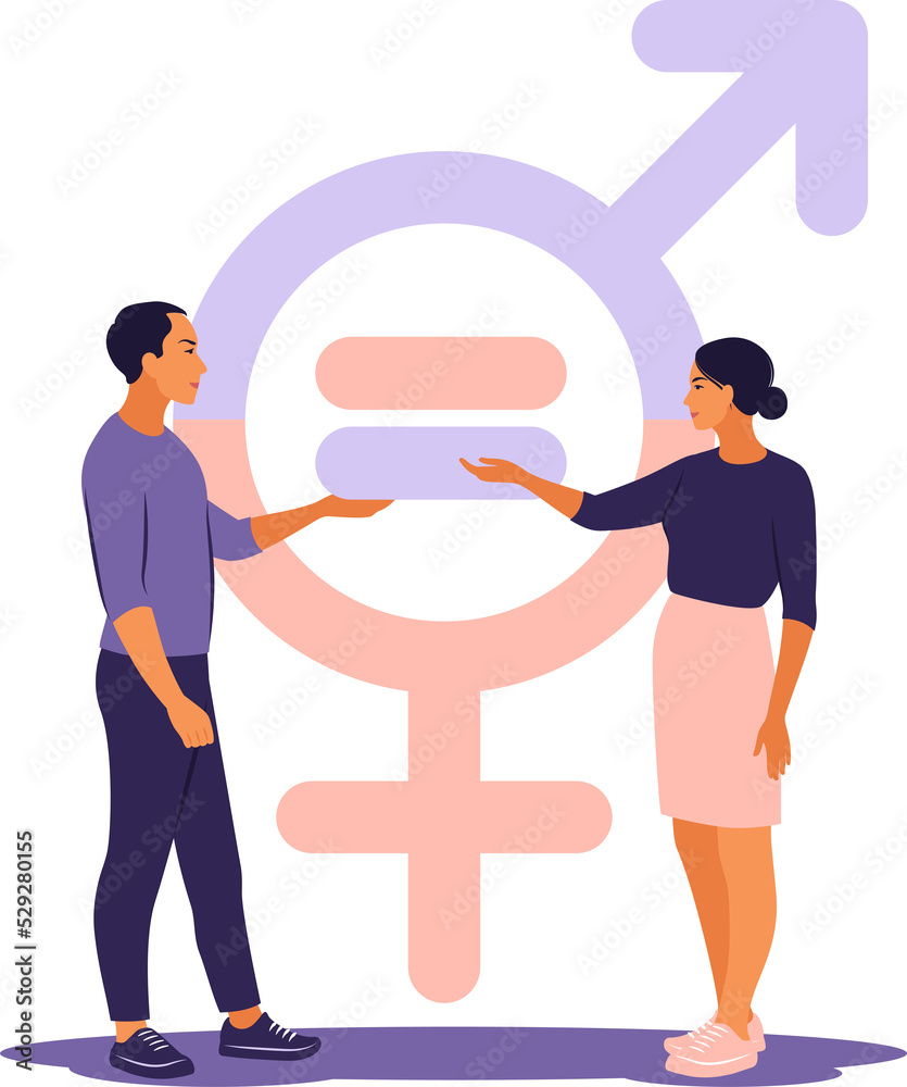 Gender equality concept. Men and women character on the scales for ...