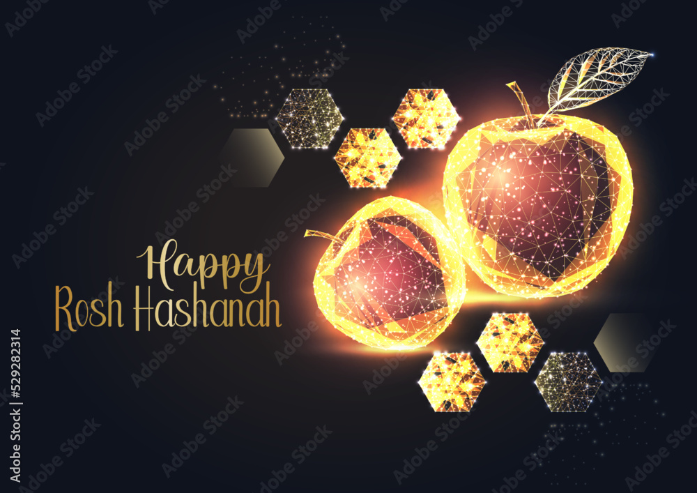 Happy Rosh Hashanah greeting card template with glowing gold apples and ...