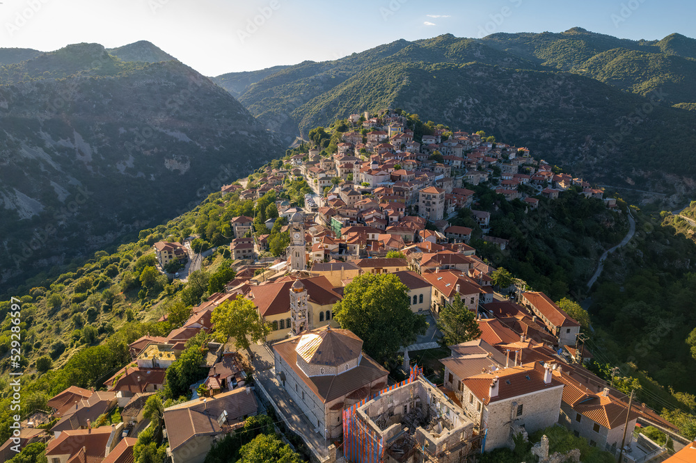 Aerial view of the historical village Dimitsana with the traditional ...