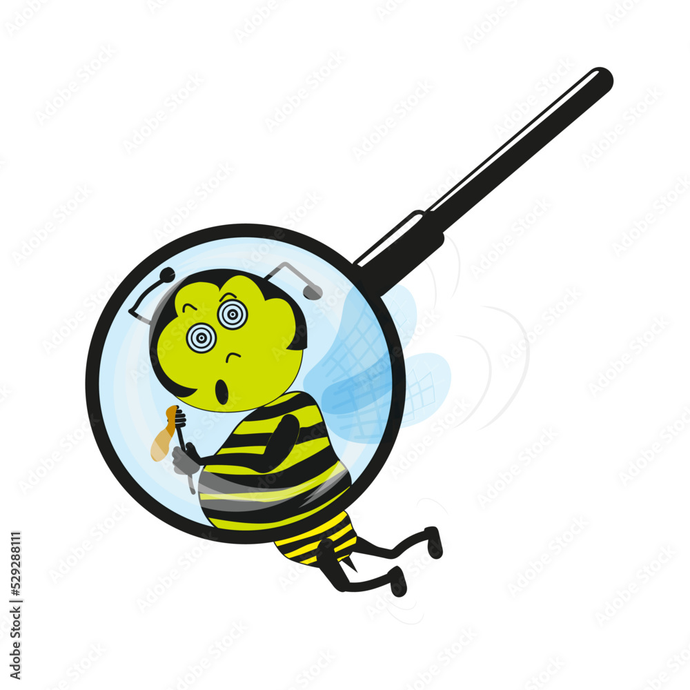 Cartoon cute bee caught under a magnifying glass, with a honey stick in ...