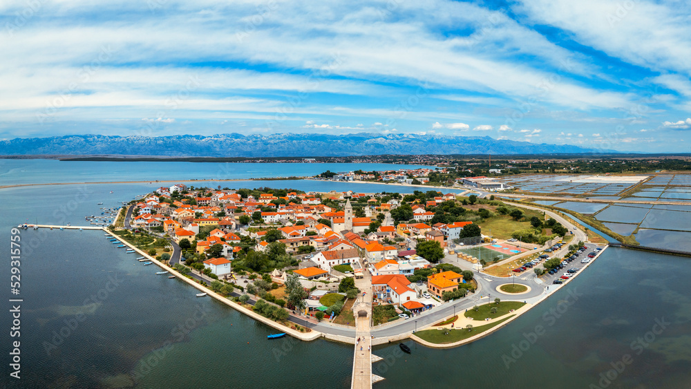 Historic town of Nin laguna aerial view with Velebit mountain ...