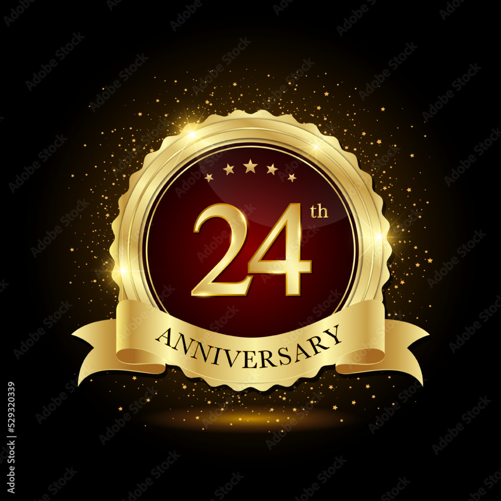 24th golden anniversary logo, with shiny ring and golg ribbon, isolated ...