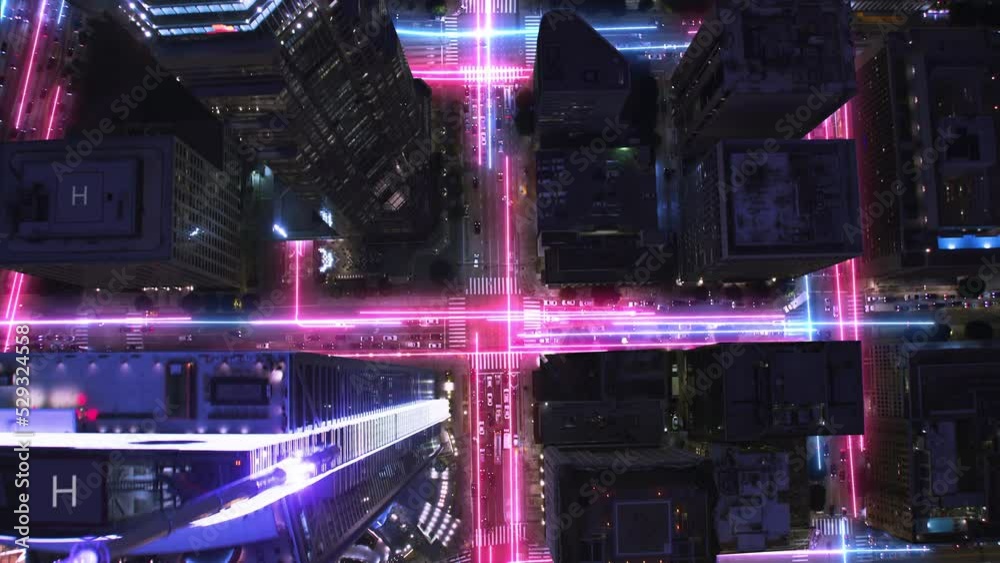 Overhead Close up Aerial View of Smart City With Connected Speed Neon ... Overhead Close up Aerial View of Smart City With Connected Speed Neon ...