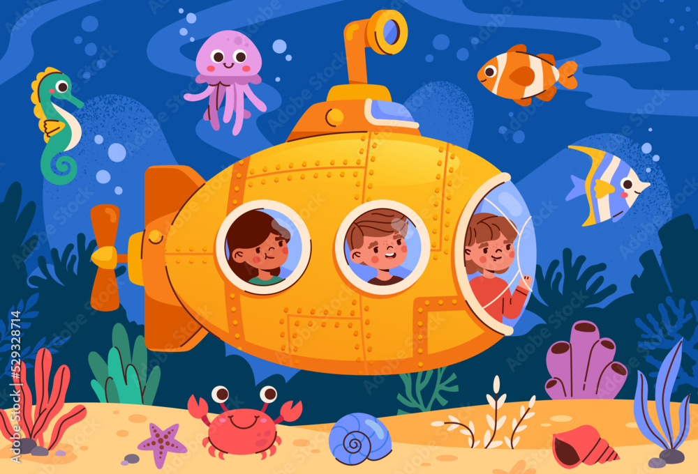 Submarine Under Sea concept. Small inquisitive children on bathyscaphe ...