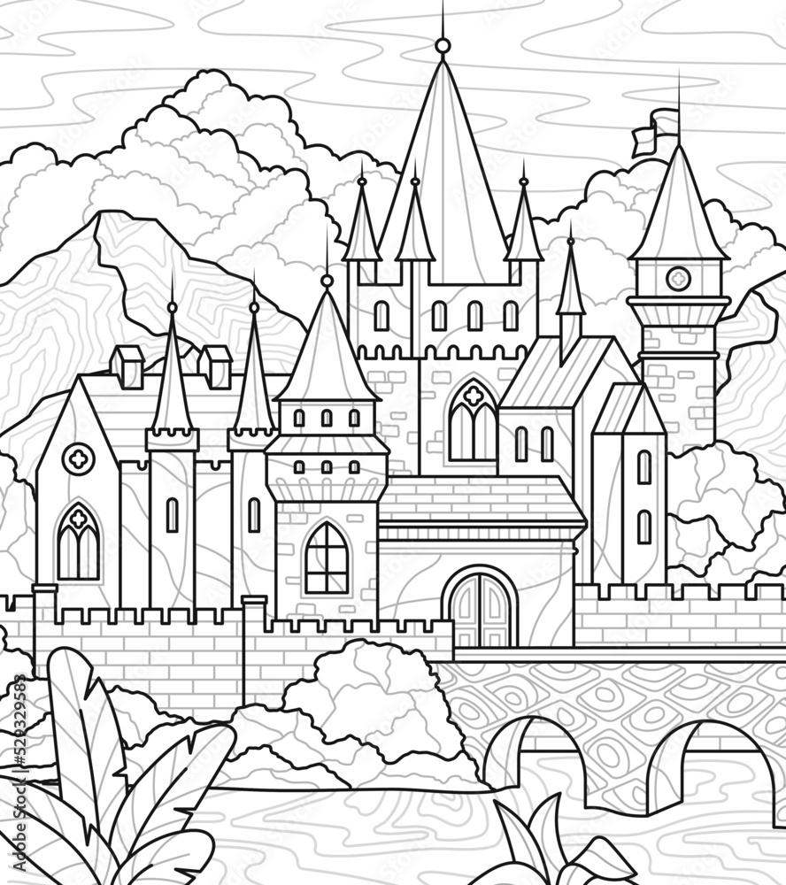 Design for coloring book. Beautiful medieval castle with bridge on ...