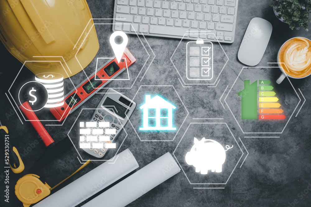 Real estate, Buy house concept, top view construction office desk with ...