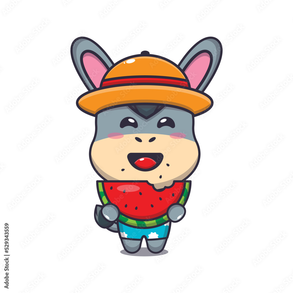 Cute donkey eating fresh watermelon cartoon illustration. Stock Vector ...