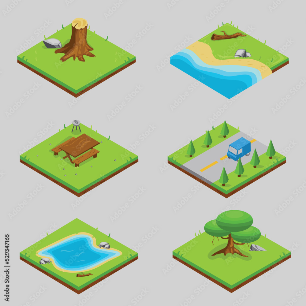 3d isometric nature elements. Forests and city parks of trees and ...