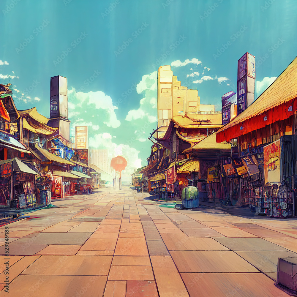 2d drawing illustrations of shops in anime style city. High quality 3d ...